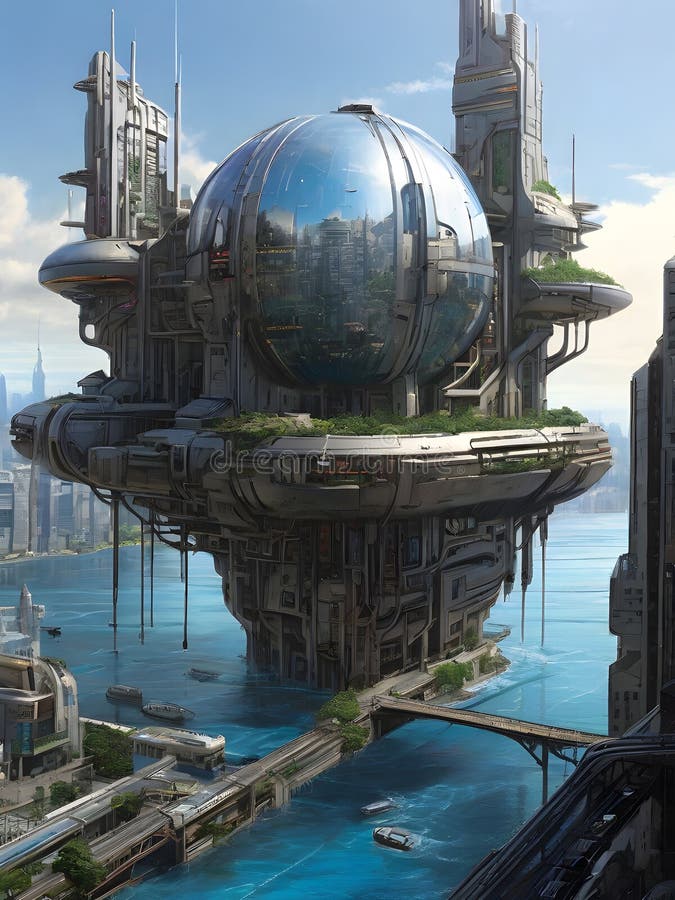 Futuristic City with River, Modern Urban Landscape with Waterway and ...