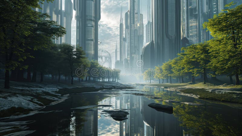 Futuristic City with a River Near the City and Trees Stock Illustration ...