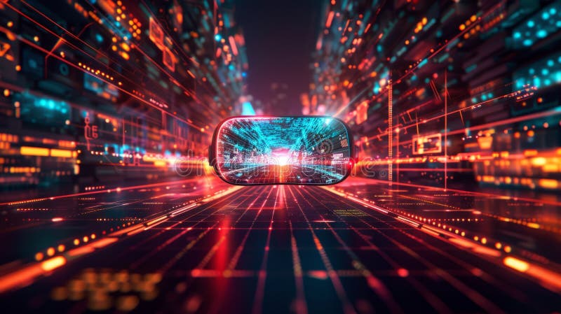 Futuristic City Seen through Vr Headset with Neon Lights and Digital ...