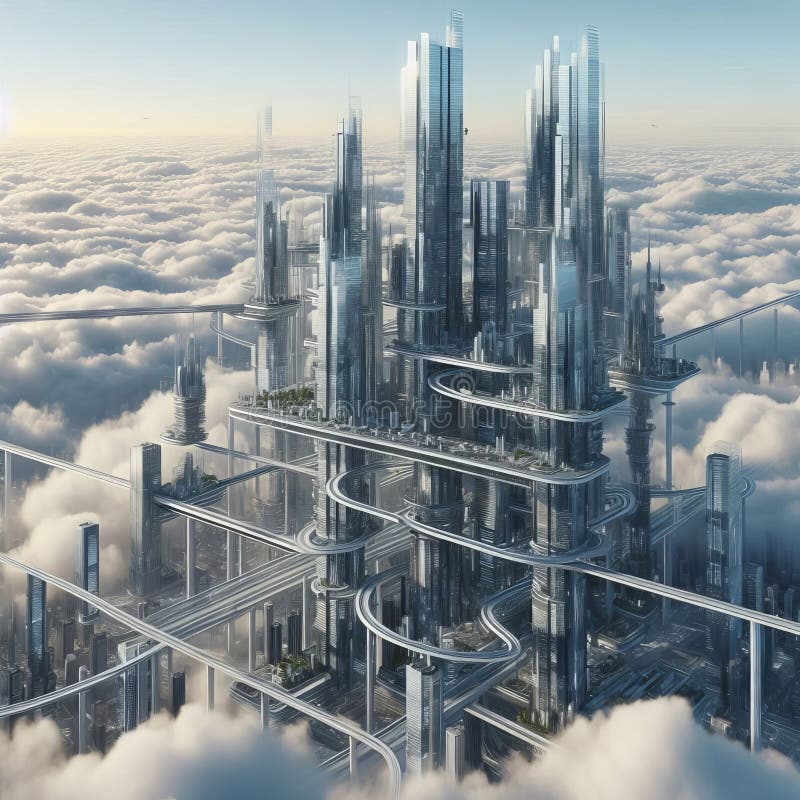 Futuristic City Skyline Above the Clouds with Interconnected ...