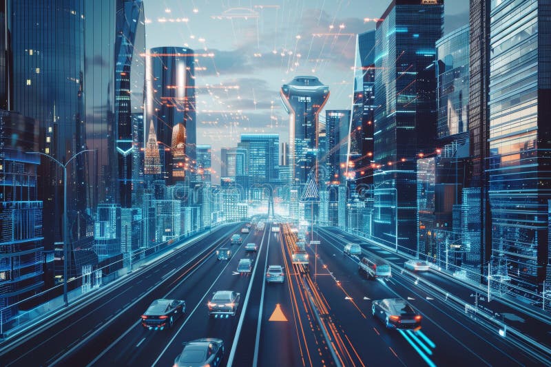 Futuristic City Skyline with AI-controlled Traffic and Transportation ...
