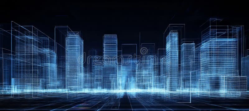 Futuristic City Skyline, Architectural Blueprint Design with Glowing ...
