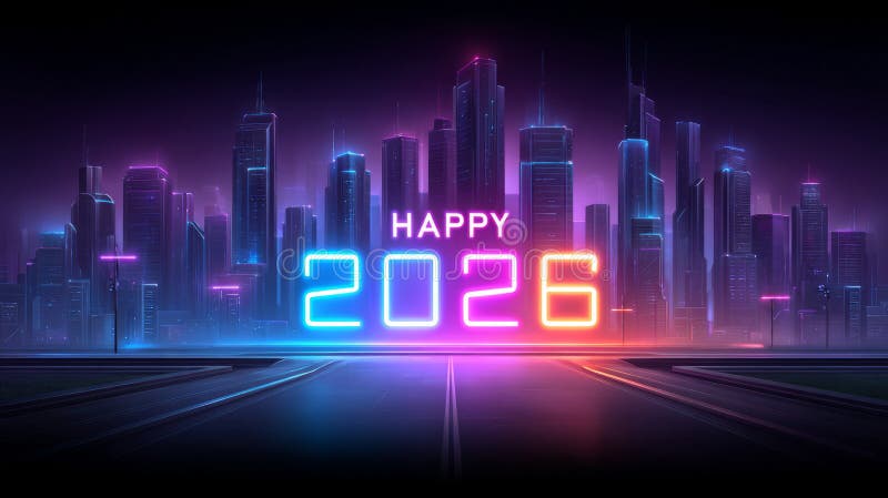 Futuristic City Skyline Backdrop with Bright Neon Happy 2026 Stock ...