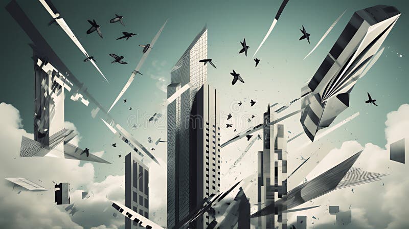 Futuristic City Skyline Birds Flying Abstract Art Stock Illustration ...