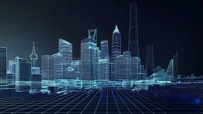 Futuristic City Skyline in Blue Wireframe Design Stock Illustration ...