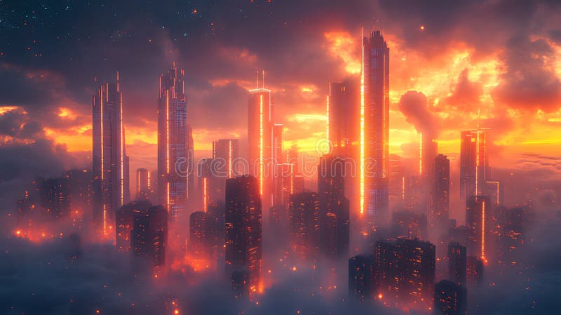 Futuristic City Skyline Burning Sunset Cloudscape, Game Design Stock ...