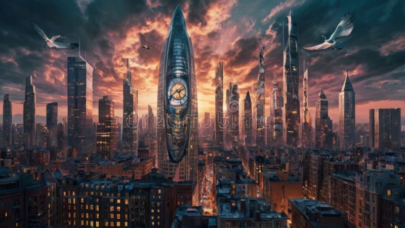 Futuristic City Skyline with a Clock Tower Stock Illustration ...