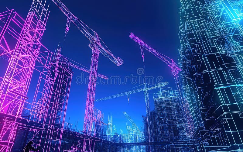 Futuristic City Skyline Construction with Neon Cranes and Wireframe ...