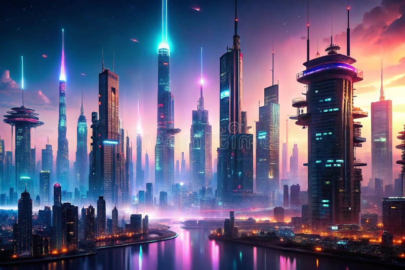 Futuristic City Skyline at Dawn Over River Stock Illustration ...