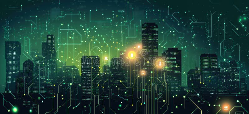 Futuristic City Skyline Digital Circuit Patterns Glowing Lights ...