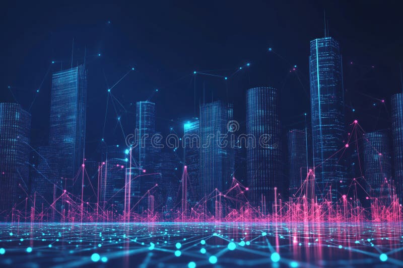 Futuristic City Skyline with Digital Connections and Neon Lights Stock ...