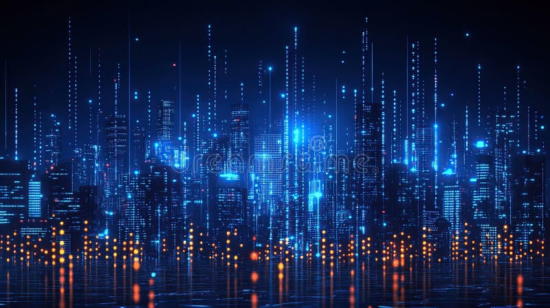 Futuristic City Skyline, Digital Data Streams, Night, Tech Presentation Stock Photo - Image of ...
