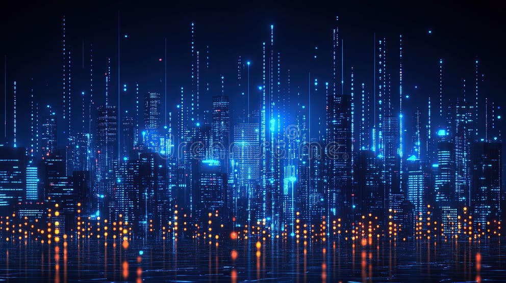 Futuristic City Skyline, Digital Data Streams, Night, Tech Presentation ...