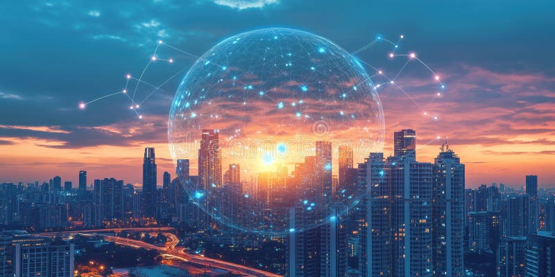 Futuristic City Skyline with Digital Globe and Network Connections at ...