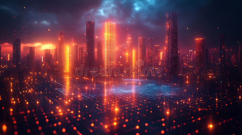 Futuristic City Skyline, Digital Grid, Fiery Sunset, Night Stock ...