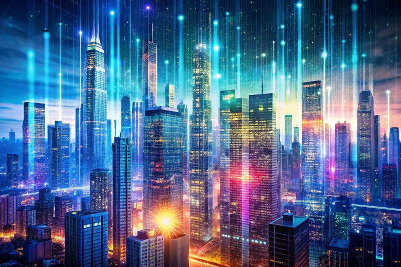 Futuristic City Skyline with Digital Network Stock Illustration - Illustration of digital ...