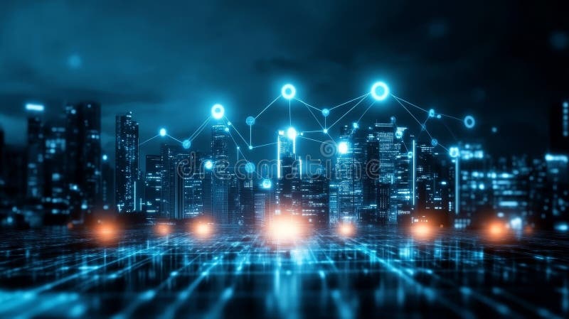 Futuristic City Skyline with Digital Network Connections Stock ...