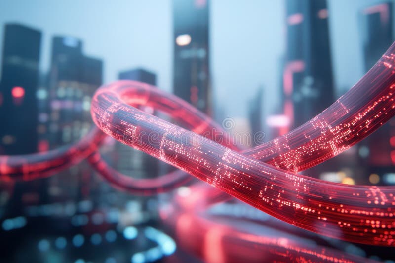 Futuristic City Skyline with Digital Red Data Streams at Night. Stock ...