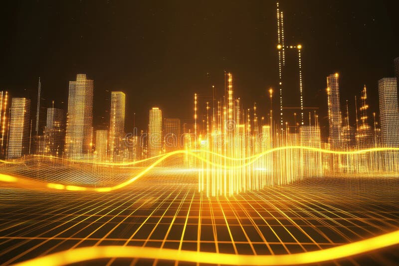 Futuristic City Skyline with Digital Waves and Glowing Grid at Night ...