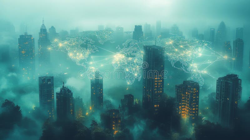 Futuristic City Skyline with Digital World Map Connection Overlay Stock ...