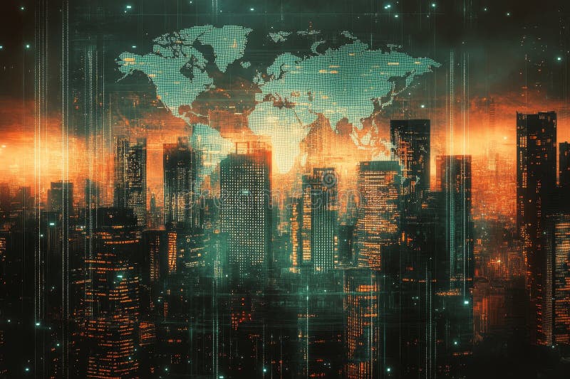 Futuristic City Skyline with Digital World Map Overlay Showcasing Urban ...