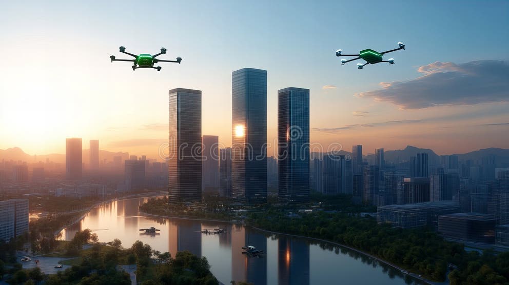 Futuristic City Skyline with Drones Flying Over River at Sunset Stock ...