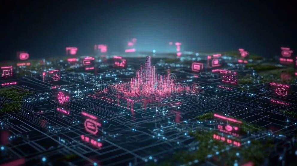 Futuristic City Skyline Emerging from Circuit Board with Glowing Data Icons Stock Photo - Image ...
