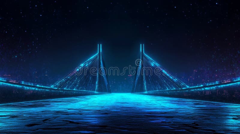 Futuristic City Skyline Featuring a Glowing Low Poly Bridge, Embodying ...