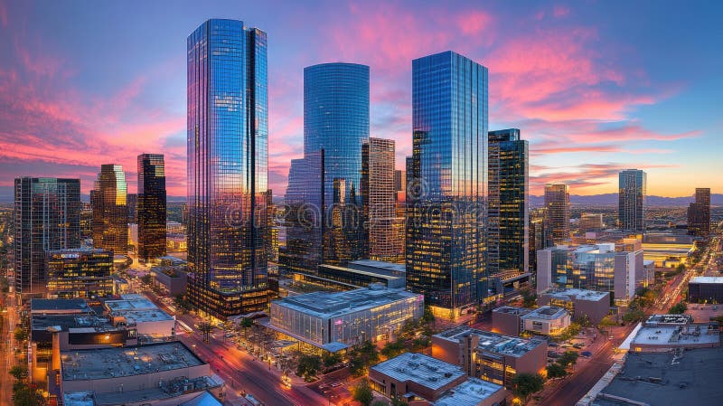 Futuristic City Skyline Featuring Tall Skyscrapers Under Vibrant Sunset ...