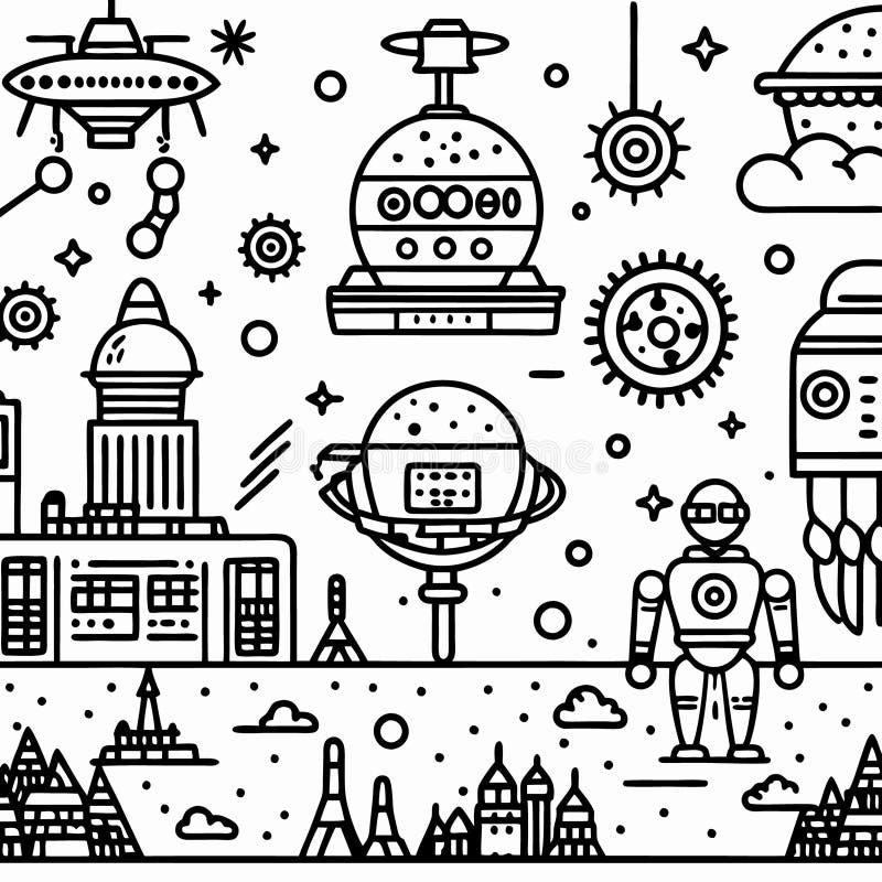 Futuristic City Skyline with Flying Objects and Robots Stock Vector ...