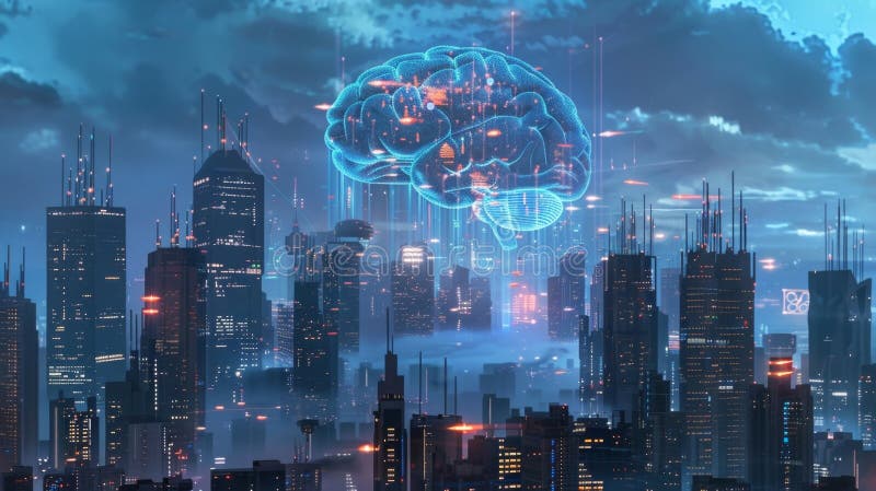 A Futuristic City Skyline with a Giant Glowing Brain Monument in the ...