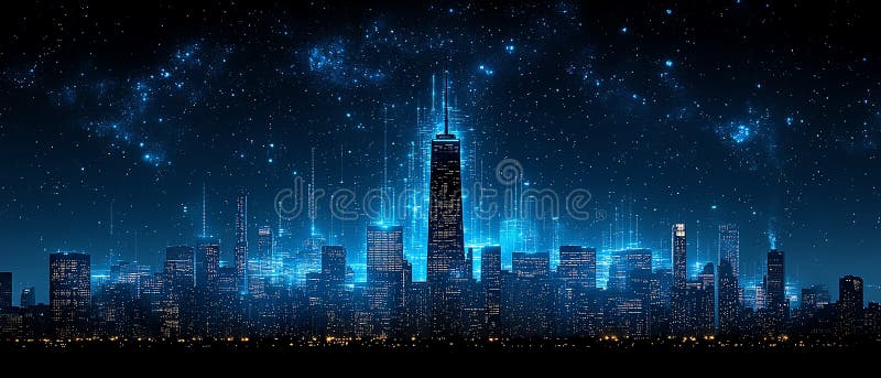 Futuristic City Skyline Glowing Against a Starry Night Sky Stock ...