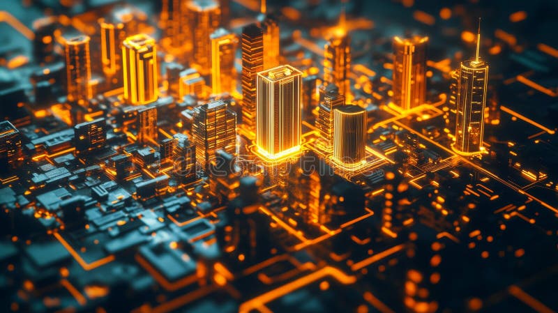 A Futuristic City Skyline Glowing with Bright Red Neon Lights Stock ...