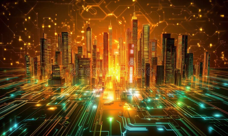 Futuristic City Skyline with Glowing Circuits and Technology Elements ...
