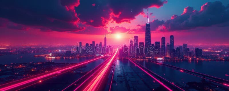 Futuristic City Skyline, Glowing Data Streams , Internet, Texture Stock ...