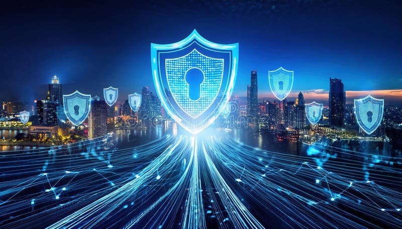 Futuristic City Skyline with Glowing Digital Shields, Representing ...