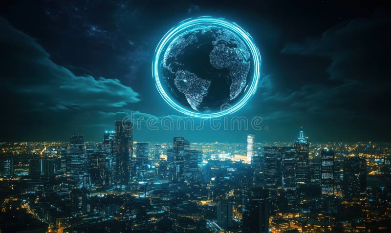 Futuristic City Skyline Glowing Earth Above Night Stock Photos - Free ...