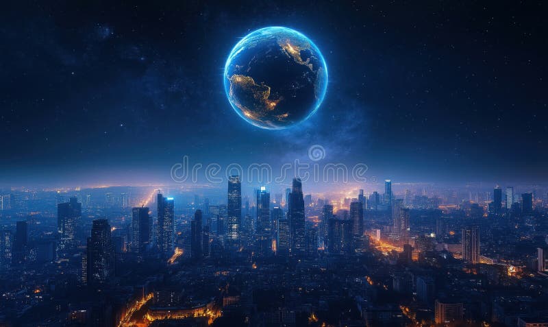 Futuristic City Skyline with Glowing Earth Above at Night Stock Image ...