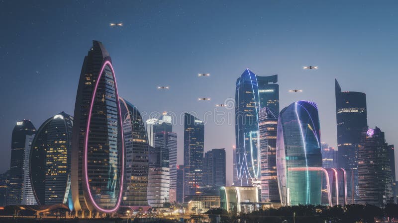 A Futuristic City Skyline Glowing at Night, with Neon Lights and Flying ...