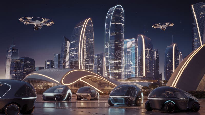 A Futuristic City Skyline Glowing at Night, with Neon Lights and Flying ...