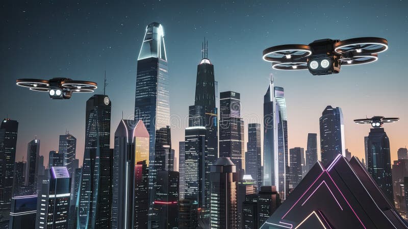 A Futuristic City Skyline Glowing at Night, with Neon Lights and Flying ...