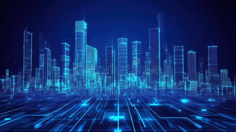 Futuristic City Skyline with Glowing Skyscrapers and Technology Stock ...