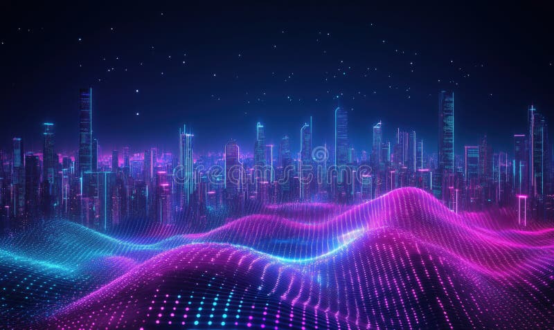 Futuristic City Skyline Glowing Waves Starry Night Sky Stock Photos ...