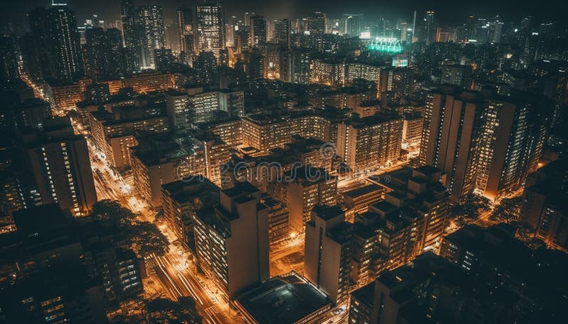 A Futuristic City Skyline Glows with Multi Colored Reflections at Dusk ...