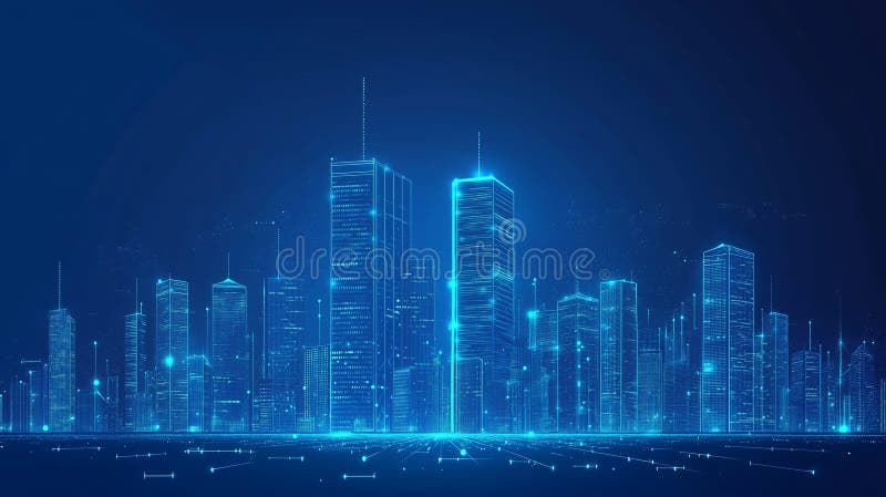 A Futuristic City Skyline Illuminated in Blue Hues Showcasing Modern ...