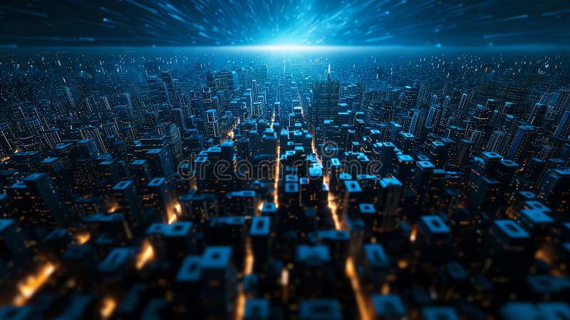 Futuristic City Skyline with Illuminated Buildings and Blue Light ...