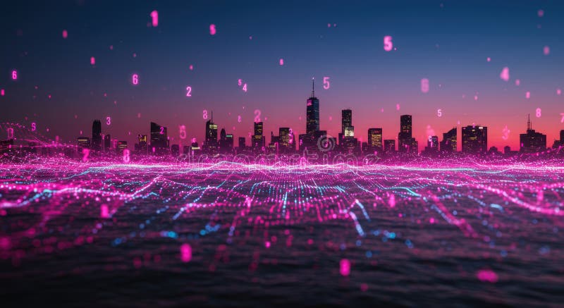 Futuristic City Skyline Illuminated by Digital Data Streams at Dusk Stock Image - Image of city ...