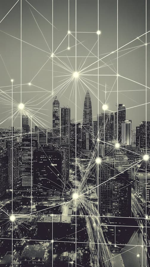 Futuristic Cityscape with Digital Data Connections Stock Illustration ...