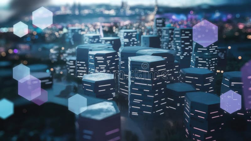 Futuristic City Skyline with Illuminated Hexagonal Buildings at Night ...