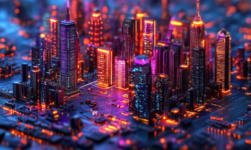 Futuristic City Skyline Illuminated with Neon Lights on Circuit Board ...